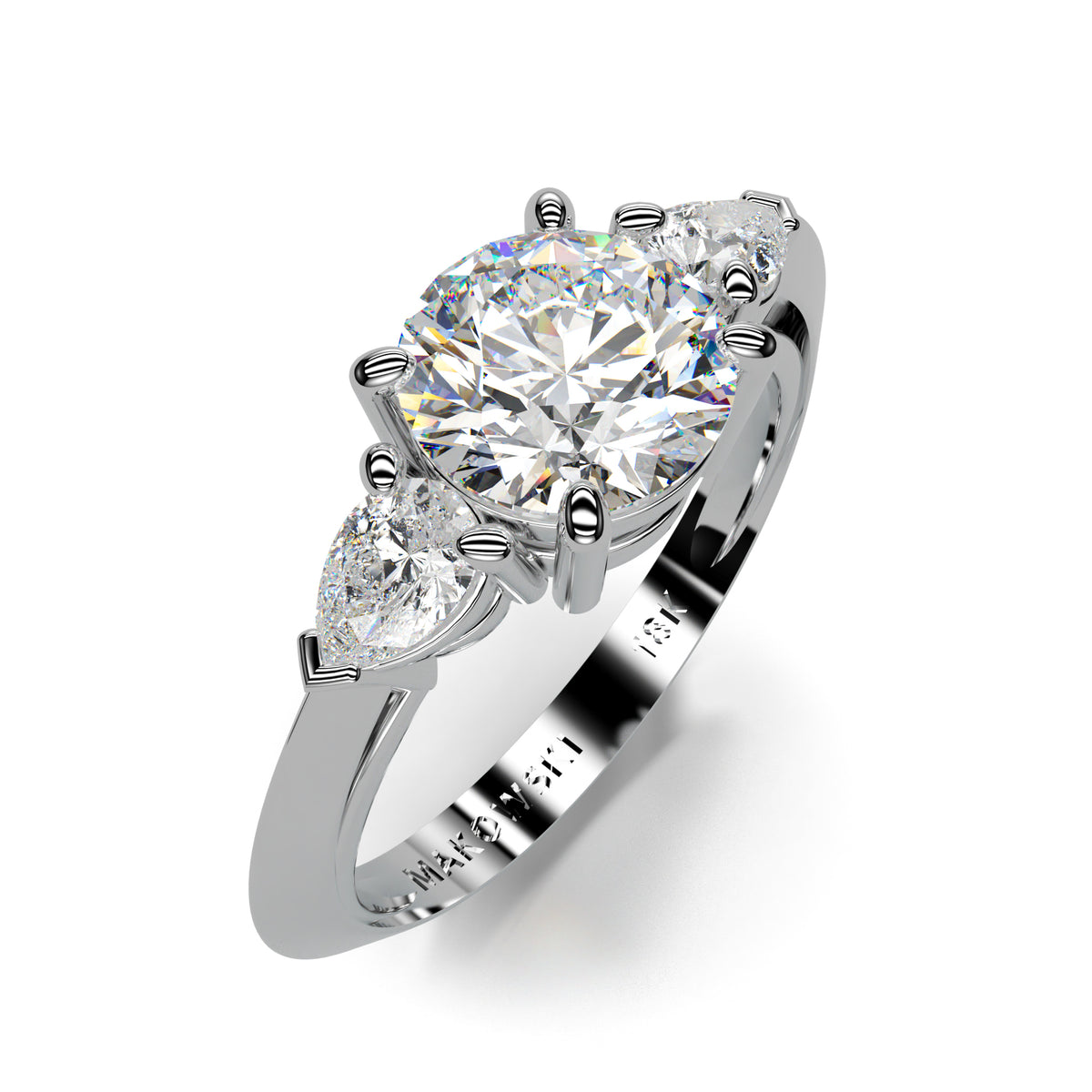 Three Stone Cathedral Engagement Ring Round Center with Two Pear Shape ...